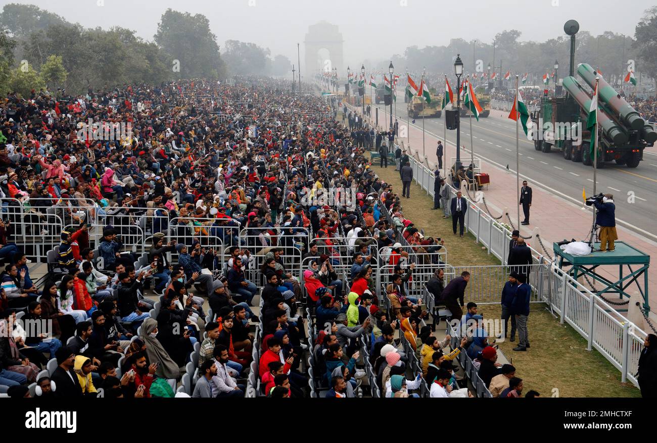 New Delhi, India. 26th Jan, 2023. Indian Army Brahmos Missile march at Kartavya Path during the ...