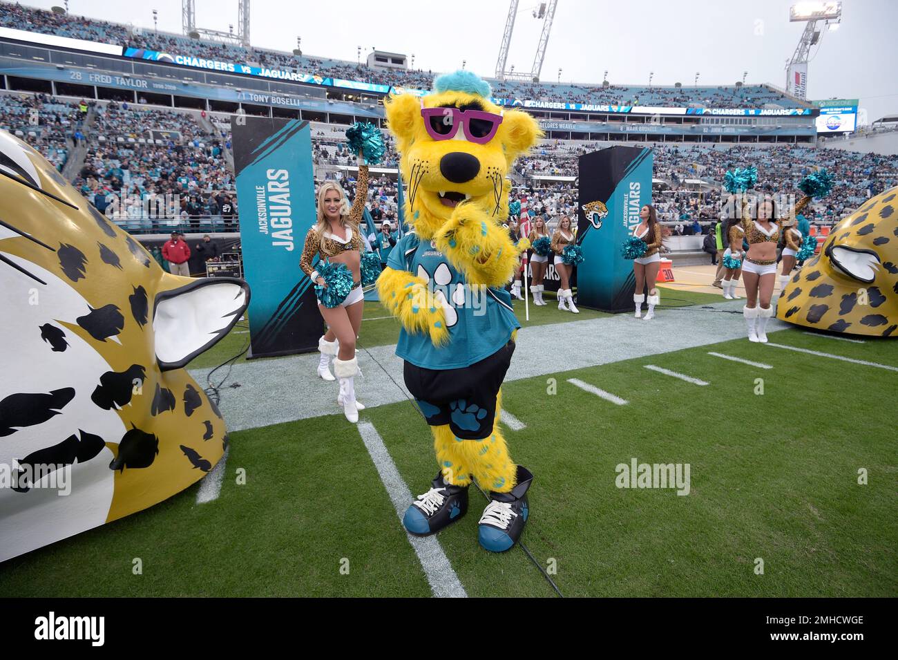 The Jacksonville Jaguars mascot's sidekick, JJ, poses before an NFL ...
