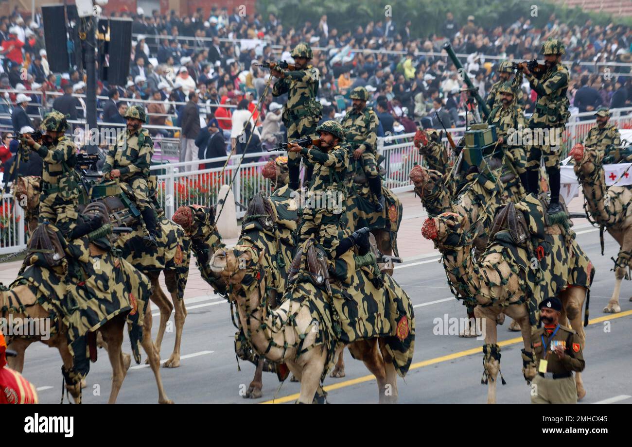New Delhi, India. 26th Jan, 2023. Camel-mounted Indian Border Security Force (BSF) contingent at ...