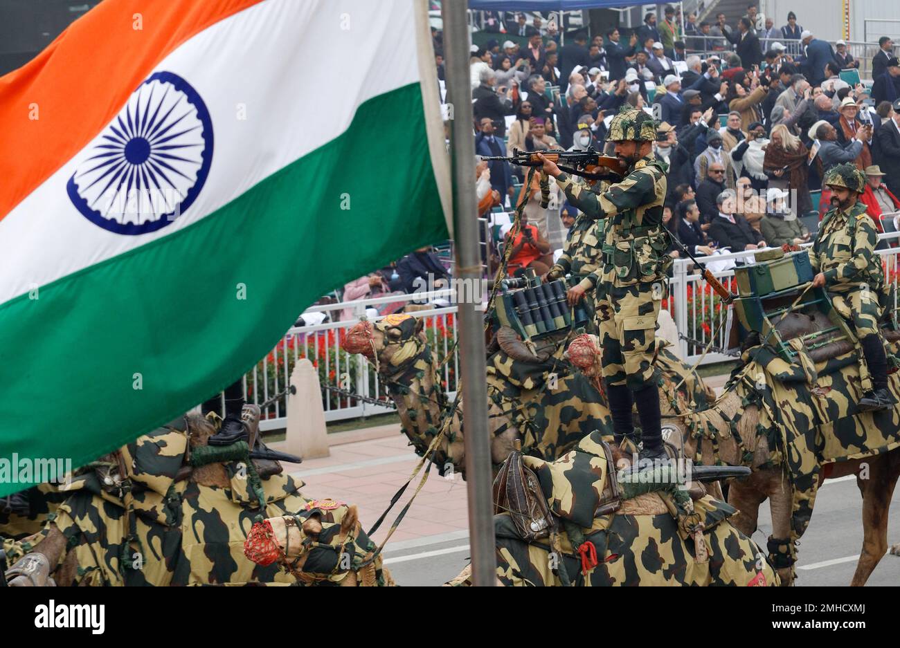 New Delhi, India. 26th Jan, 2023. Camel-mounted Indian Border Security Force (BSF) contingent at ...