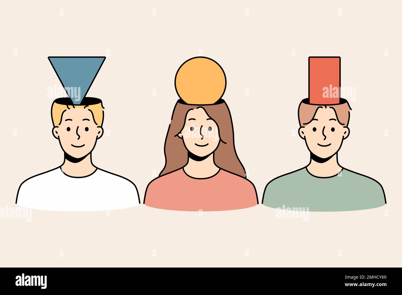 Diverse people with geometric figures in heads. Smiling men and women ...