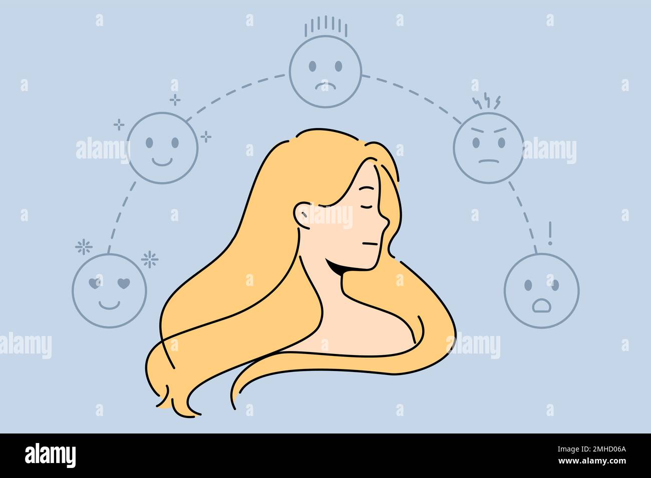 Young woman surrounded with emojis with different emotions. Female feel ...