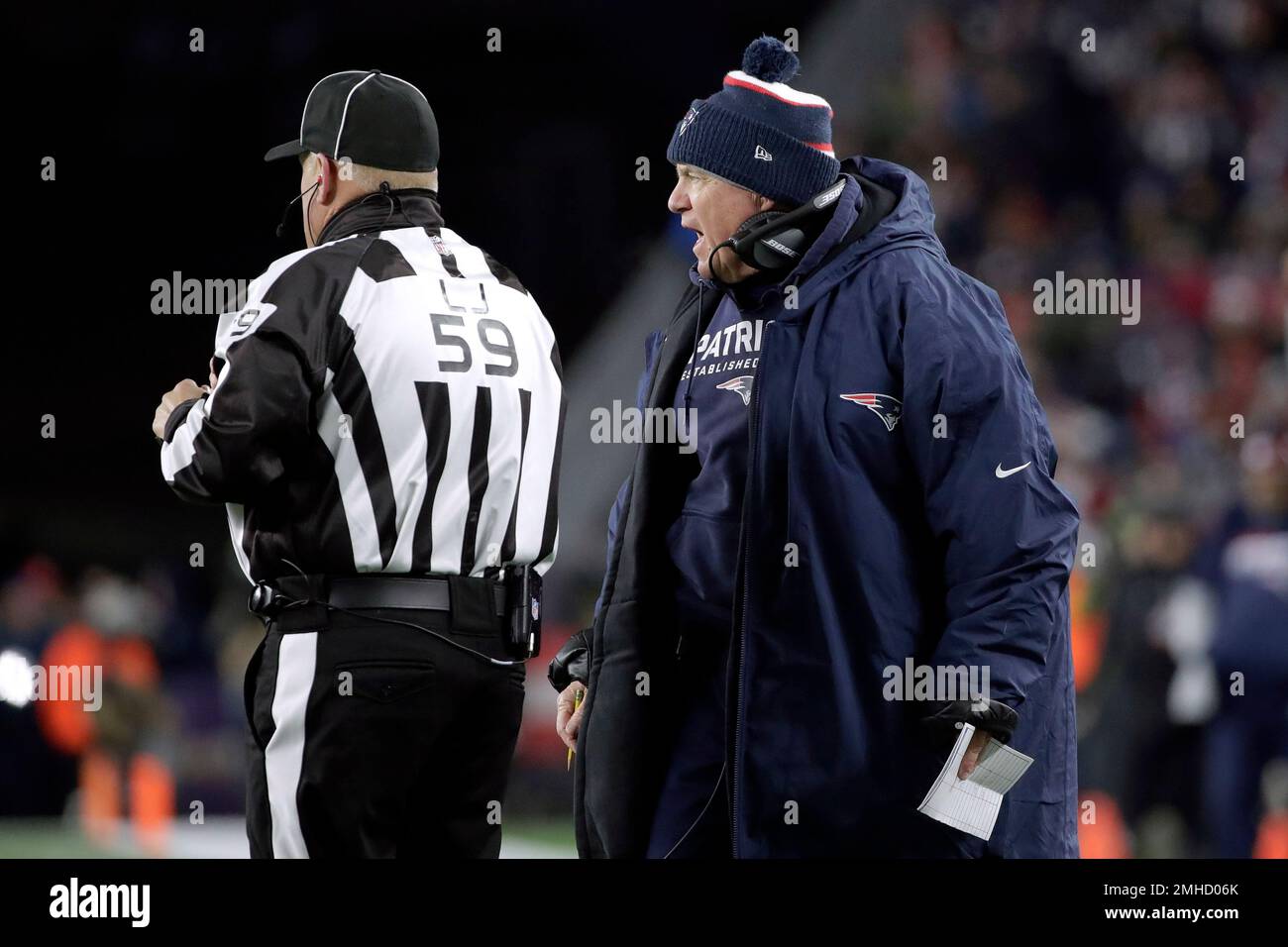 New England Patriots head coach Bill Belichick appeals a call to line ...