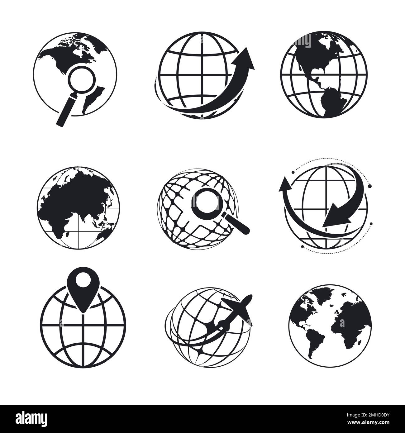 Planet isolated icons, search or geolocation, Internet browser symbol ...