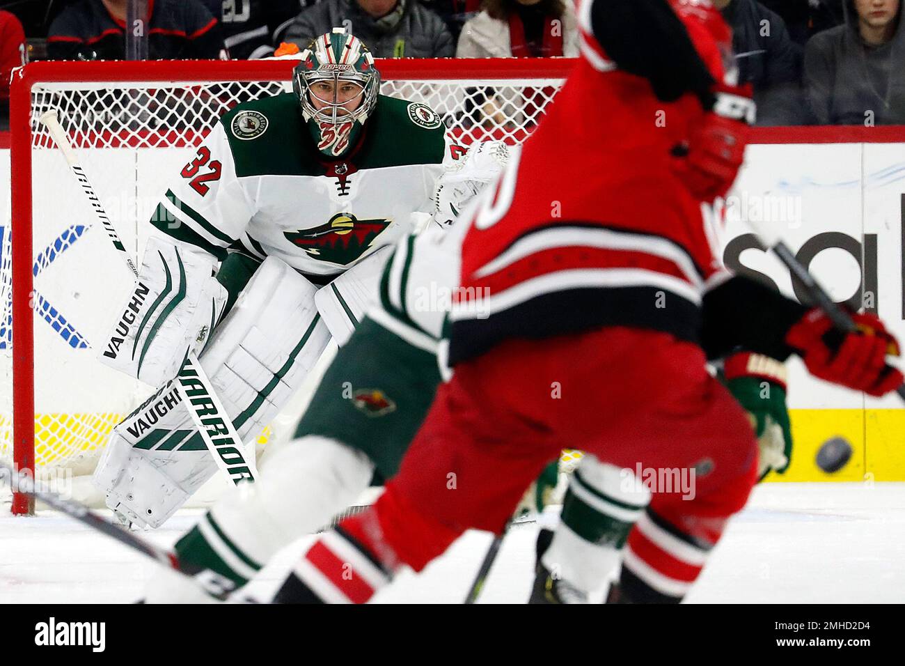 Minnesota Wild goaltender Alex Stalock (32) eyes the puck in play ...