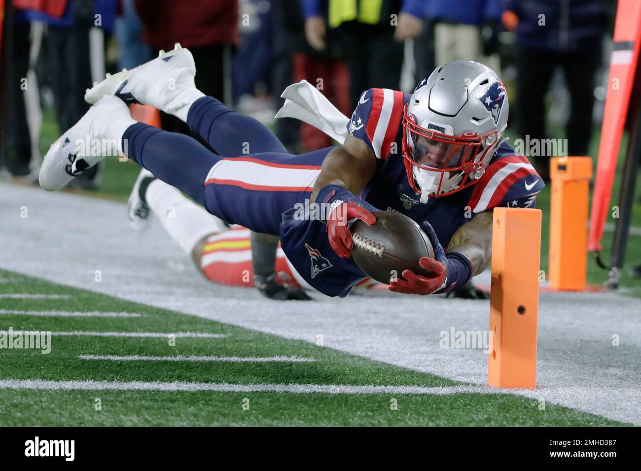 New England Patriots wide receiver N'Keal Harry dives for the pylon ...