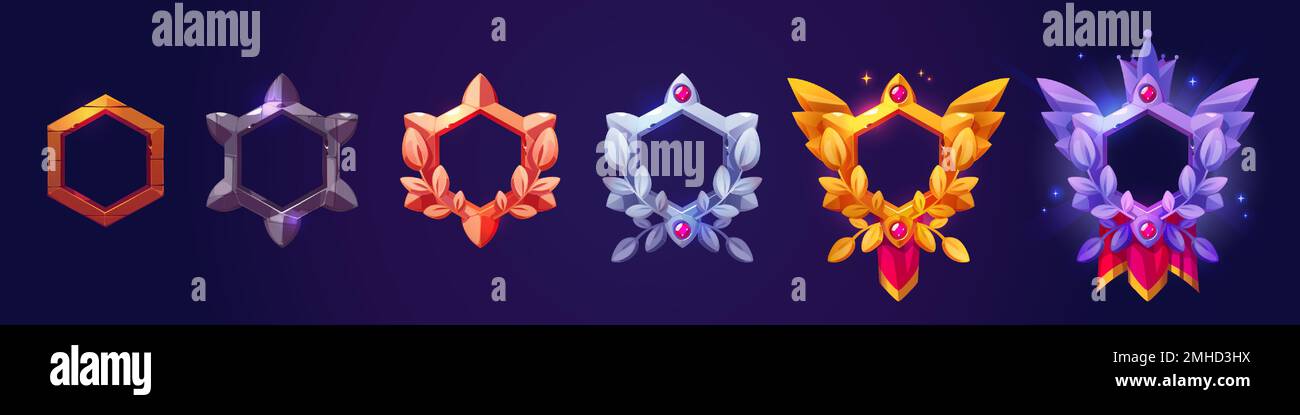 Fantasy hexagon frames of game avatars. Award ranking wooden, stone ...