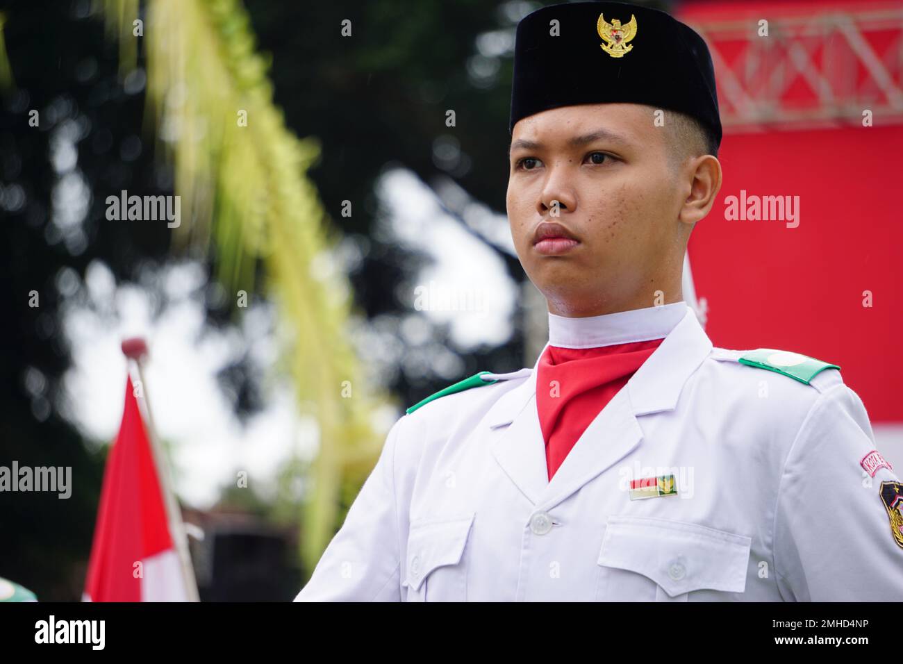 Paskibraka (Indonesian flag raiser) with national flag during grebeg ...
