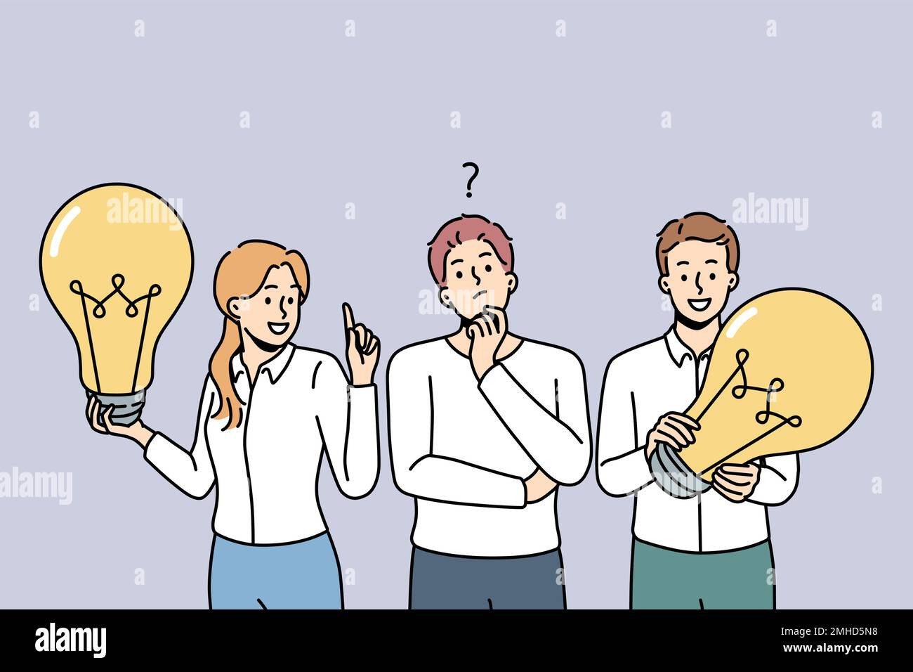 Diverse businesspeople with light bulbs feel frustrated think about ...