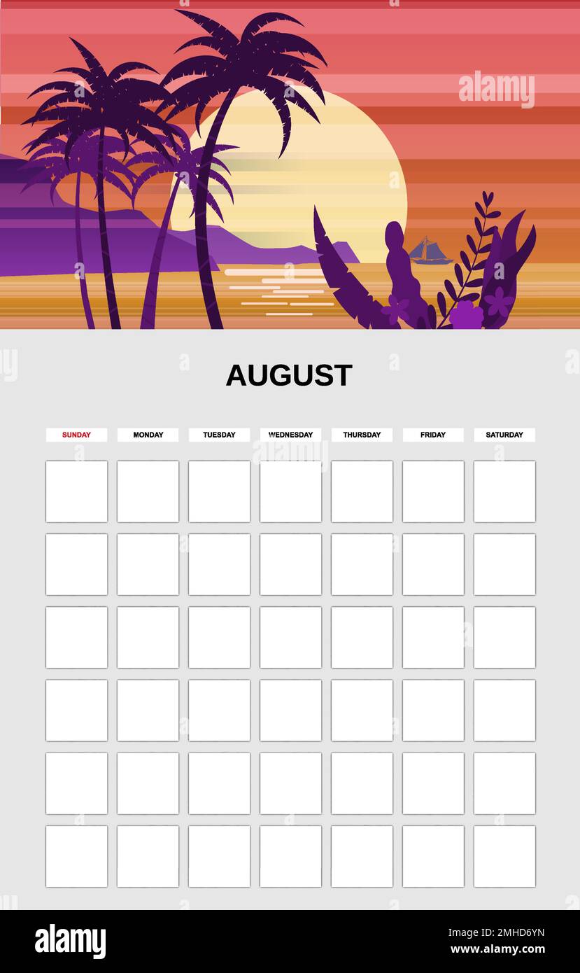 August Calendar Planner month. Minimalistic tropical palms ocean sunset ...