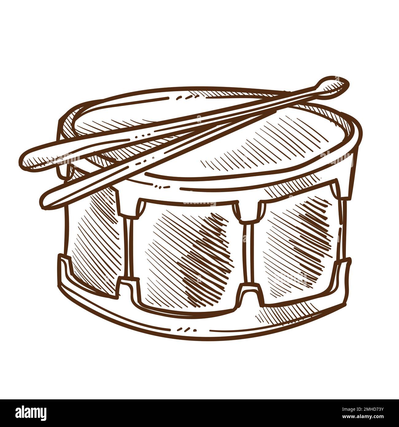 Drum with drumsticks isolated sketch, percussion or musical instrument ...
