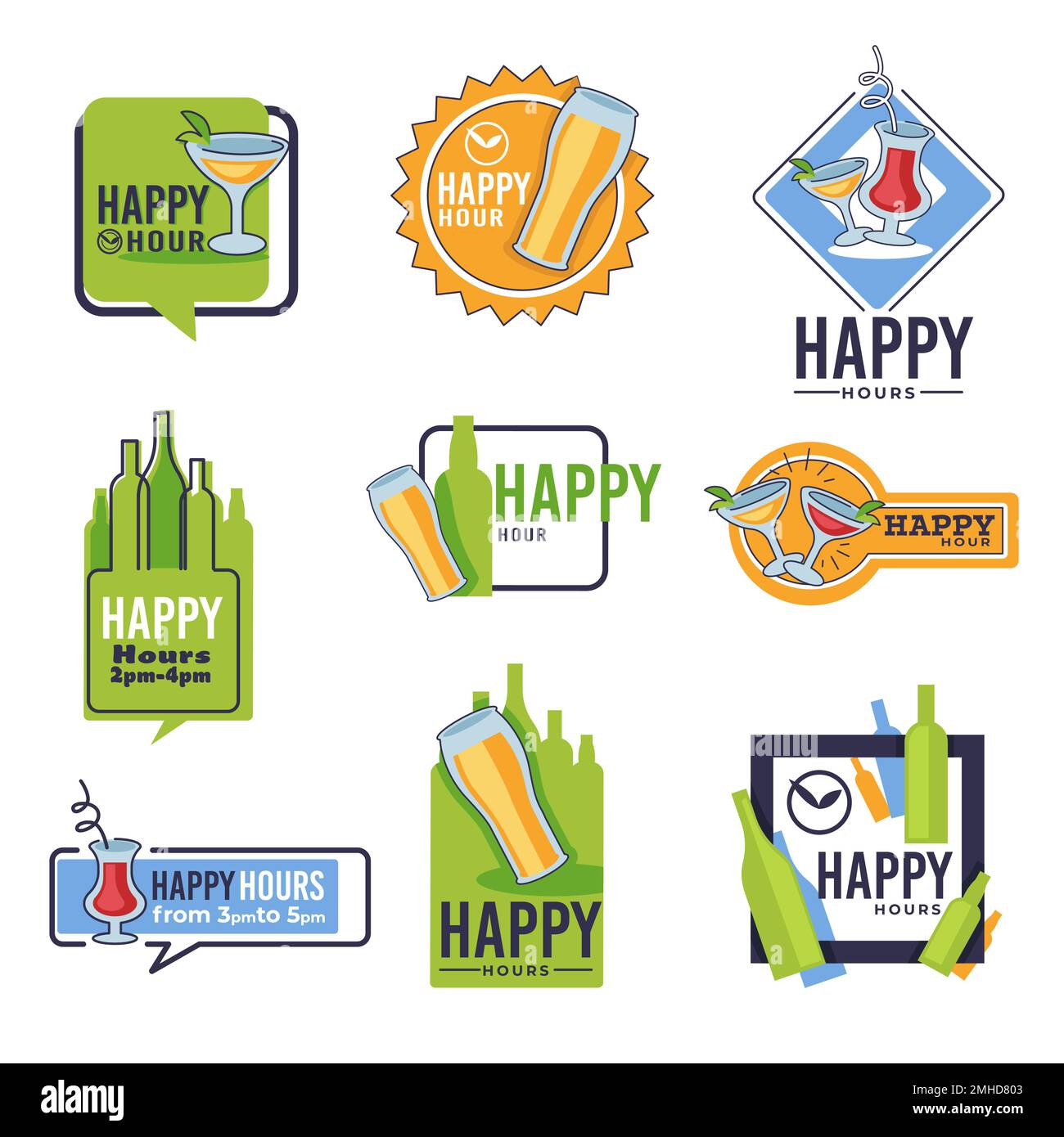 Bar happy hour isolated icons, beer and cocktails, alcohol drinks Stock ...
