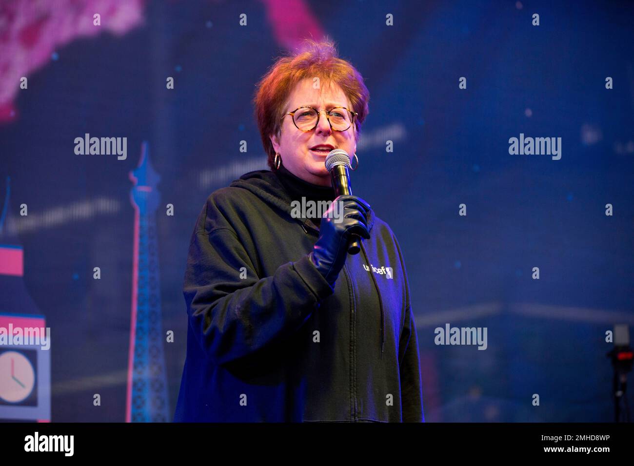 UNICEF CEO Caryl Stern speaks during The World's Big Sleep Out in Times ...