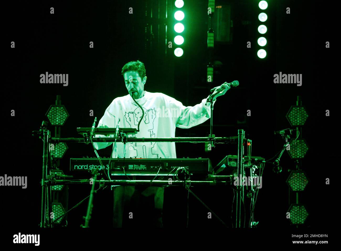 Emmanuel del Real plays a talk box during a concert in Mexico City ...