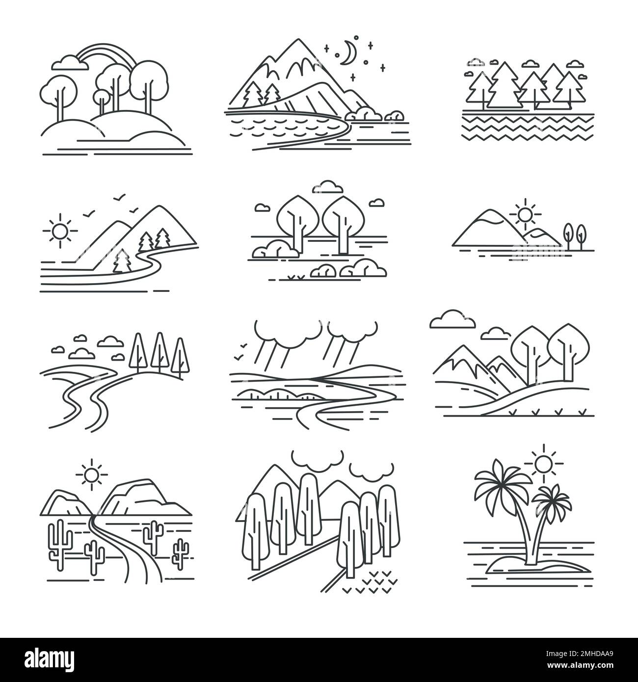 Outline landscapes isolated natural views, plants and water or ...