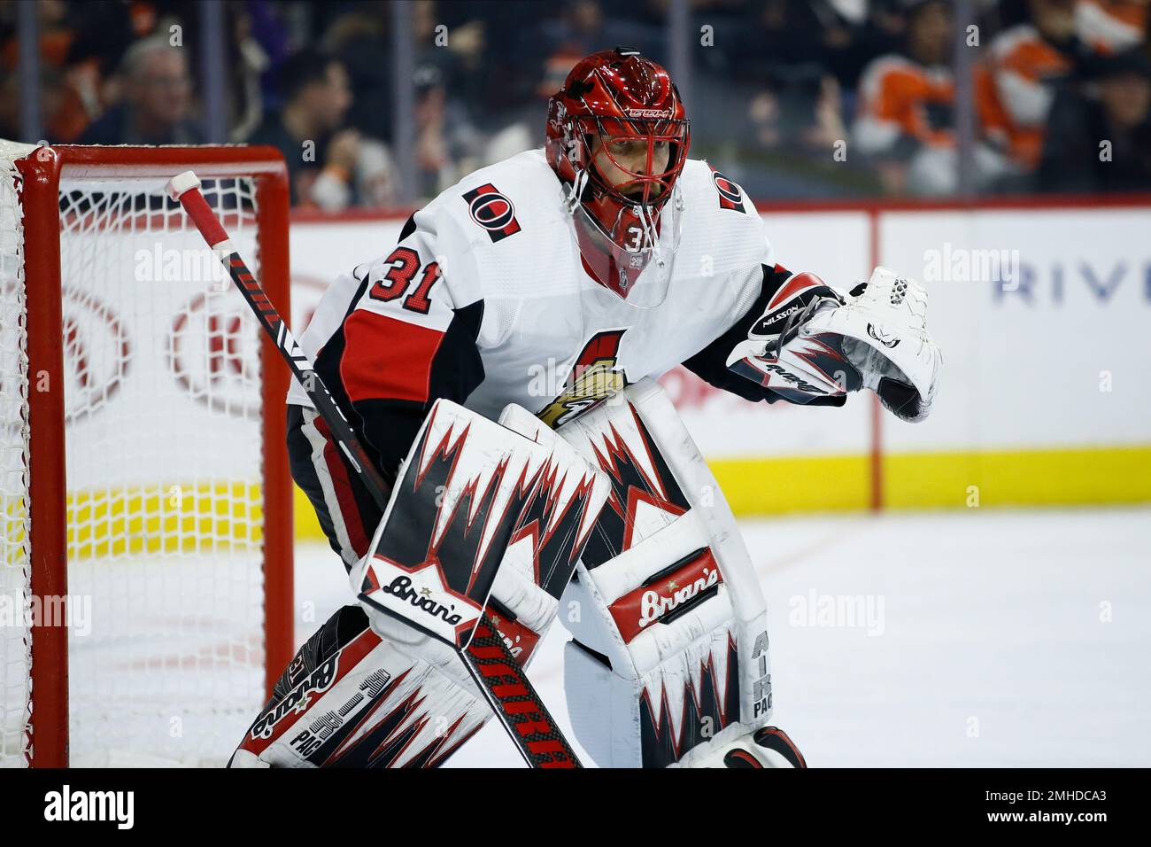Ottawa Senators' Anders Nilsson plays during an NHL hockey game against ...