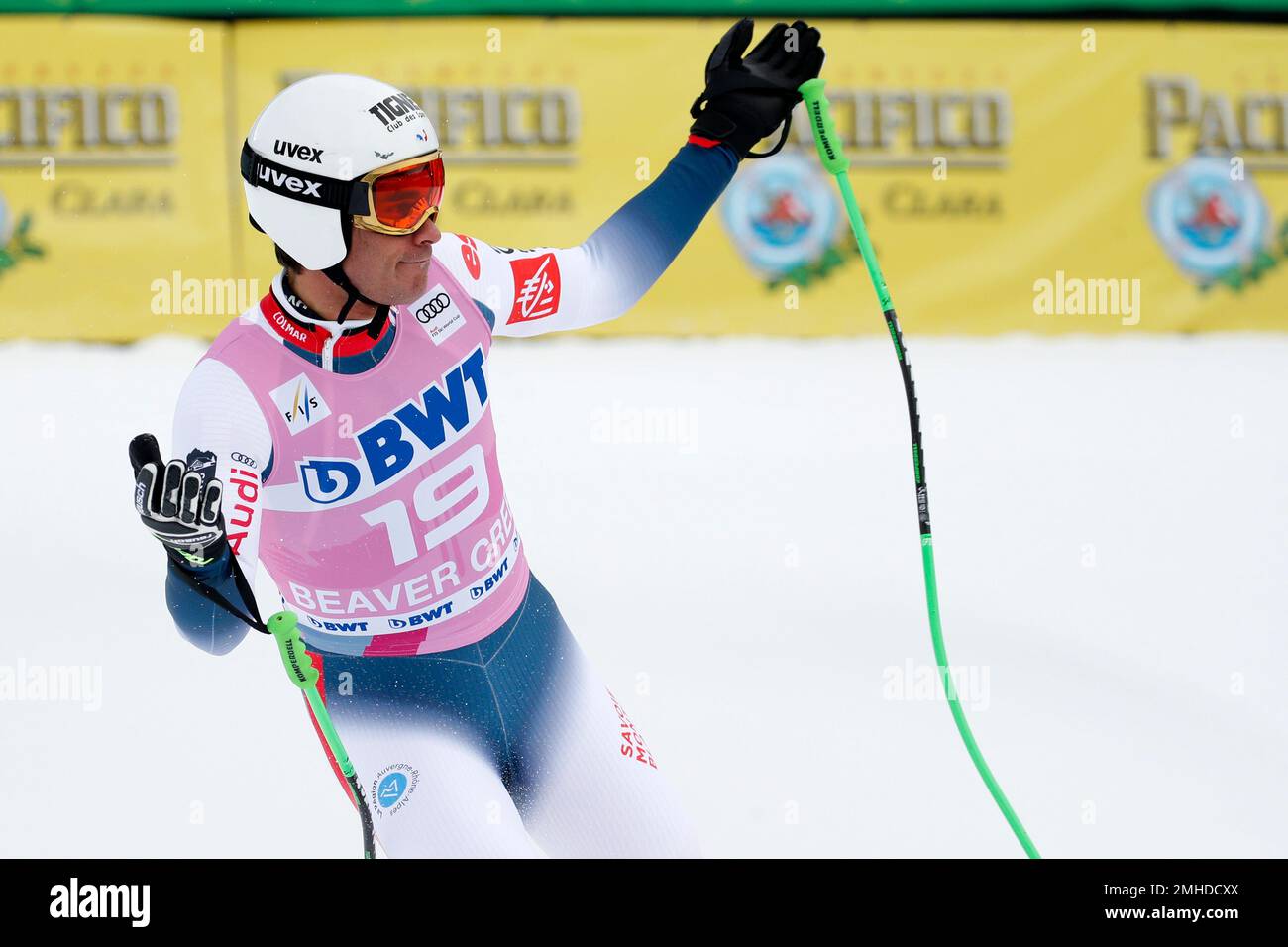 France's Johan Clarey reacts after his run during a men's World Cup ...
