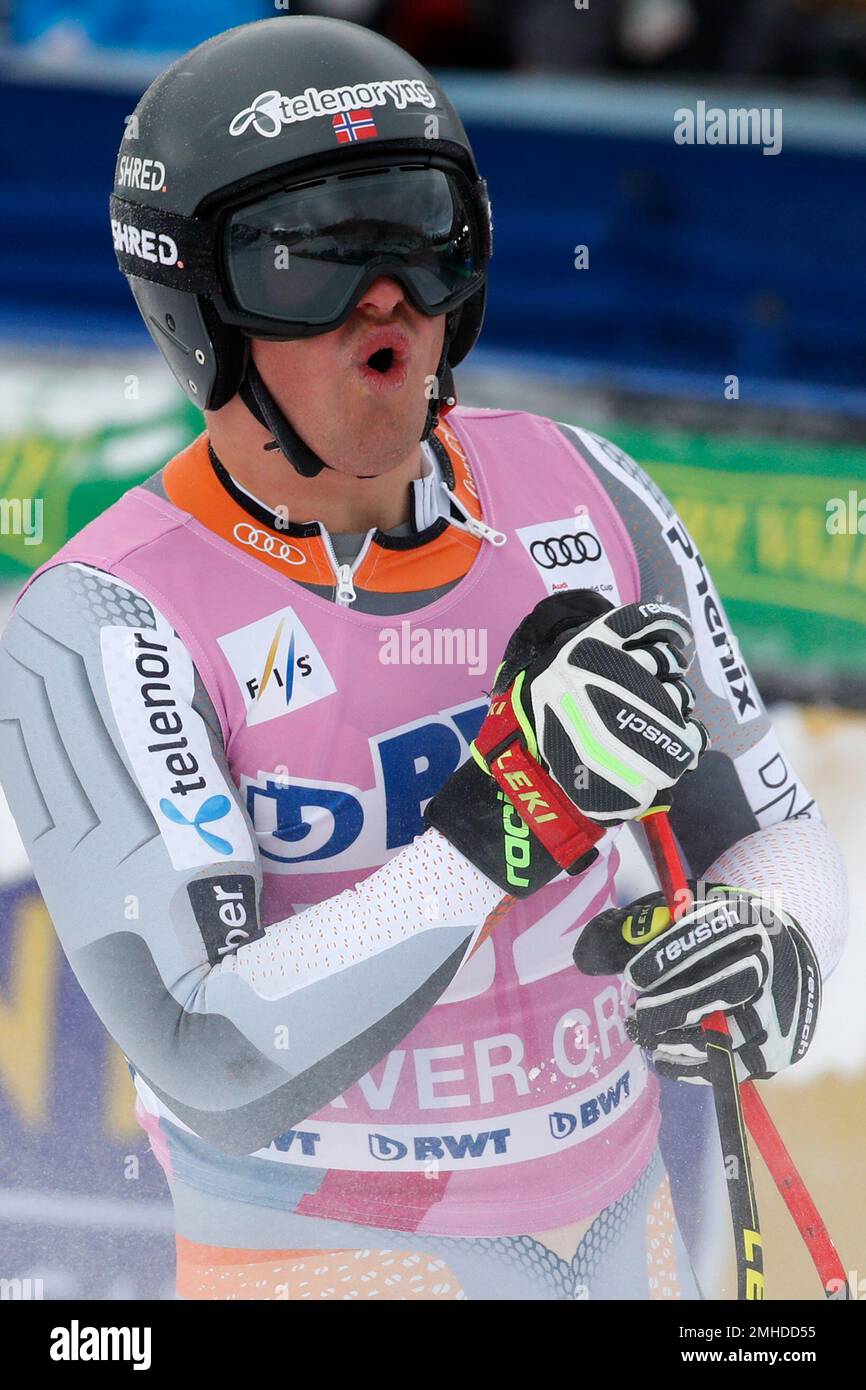 Norway's Adrian Smiseth Sejersted reacts after his run during a men's World Cup downhill skiing ...