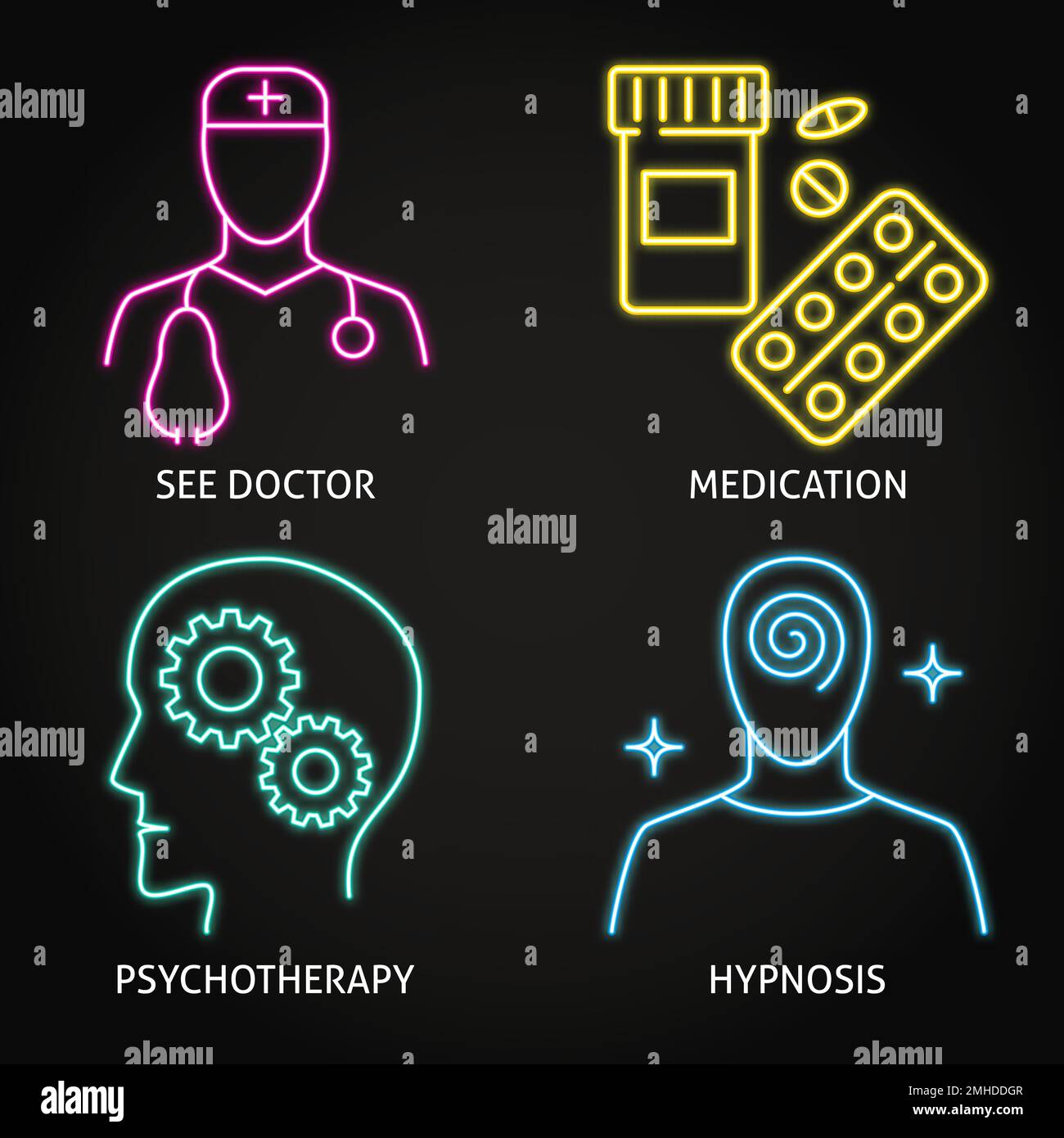 Neon medical stress relief ways icon set. Psychotherapy and ...