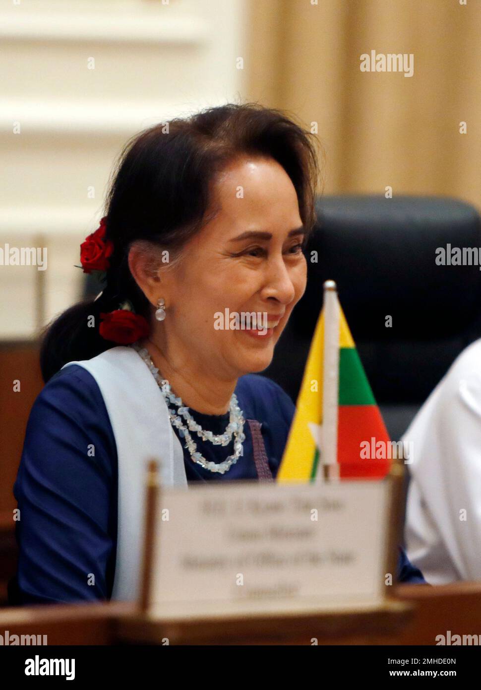 Myanmar's leader Aung San Suu Kyi smiles during a meeting with Chinese ...