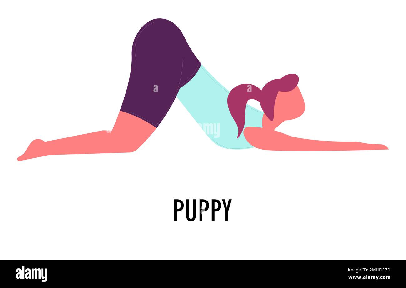 Puppy position or yoga asana, sport and fitness, isolated character ...