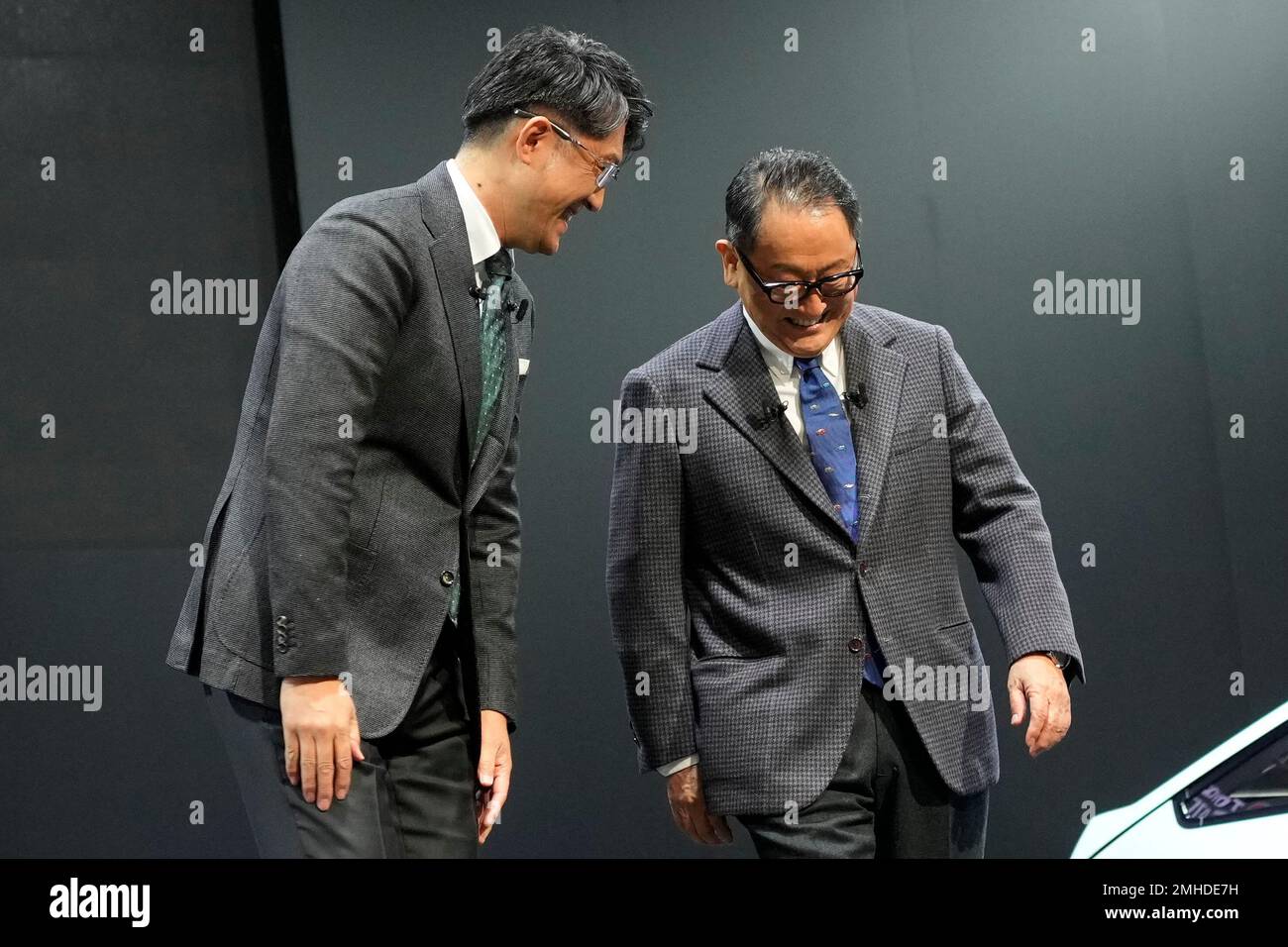 Toyota Motor Corp. Chief Executive Akio Toyoda, right, and Koji Sato ...