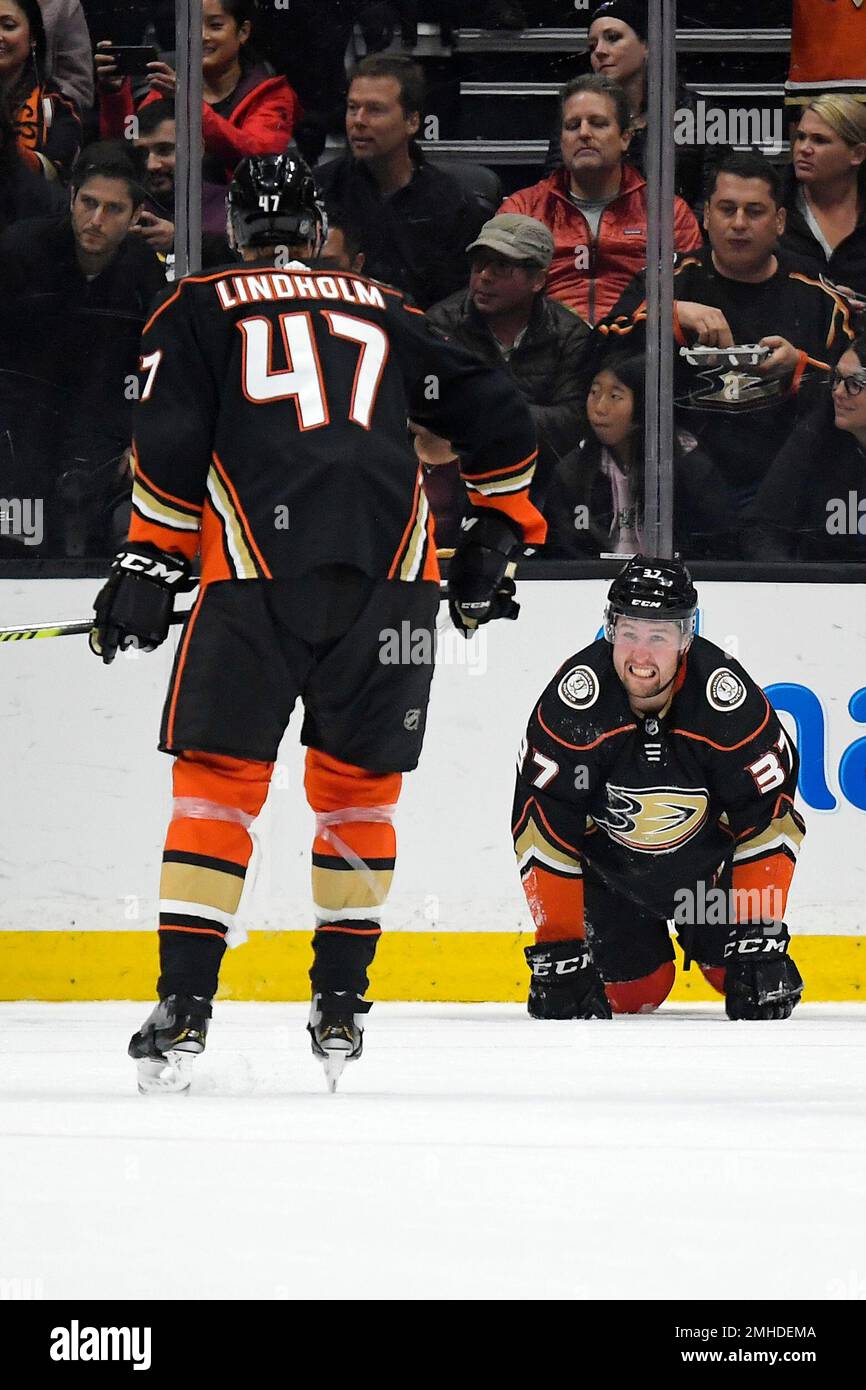 Anaheim Ducks left wing Nick Ritchie, right, grimaces at defenseman ...