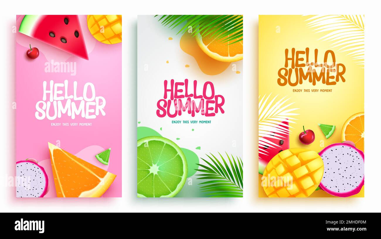 Summer set vector poster design. Hello summer text with tropical fruits ...