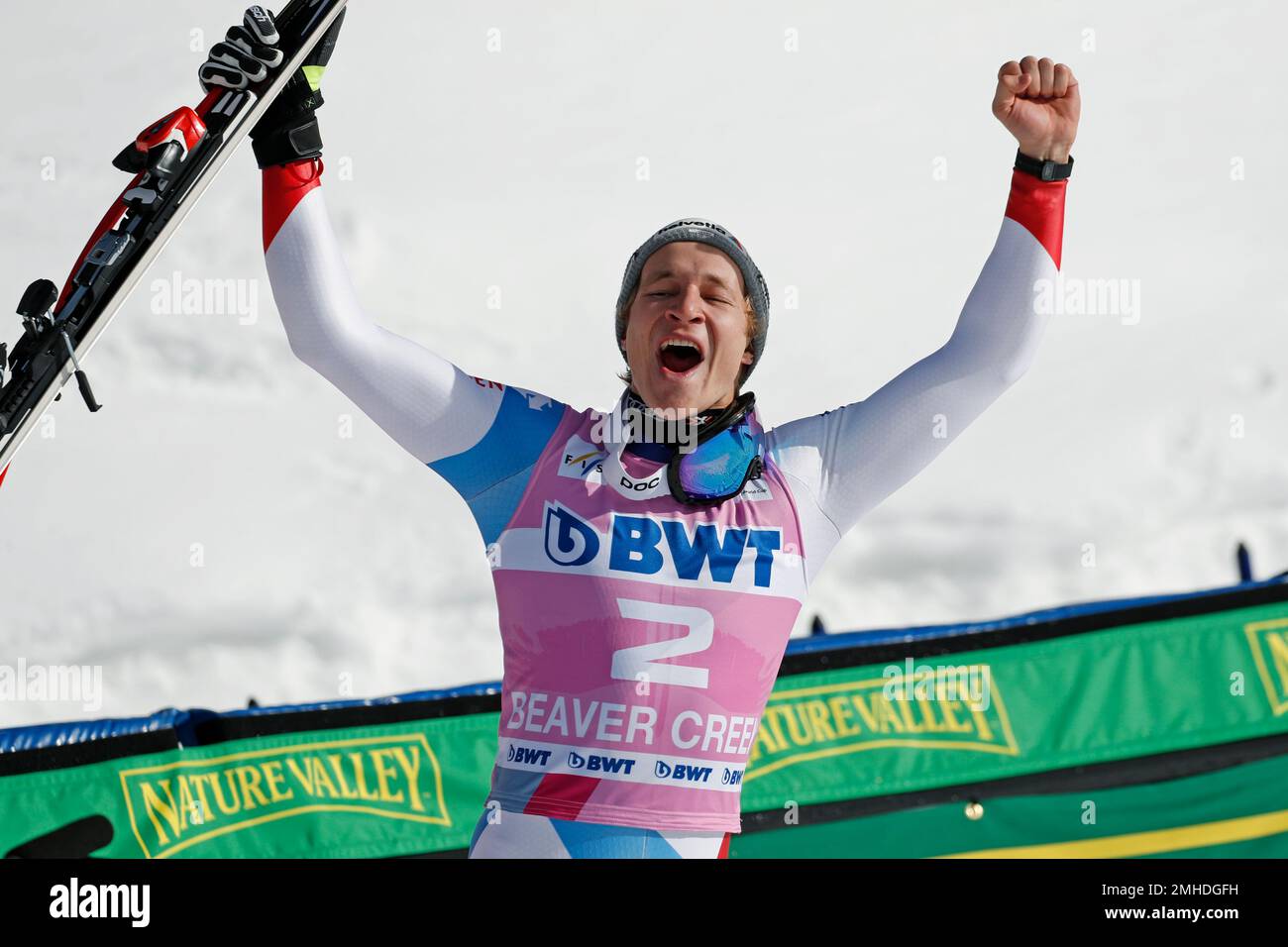 Switzerland's Marco Odermatt celebrates his first-place finish in the ...