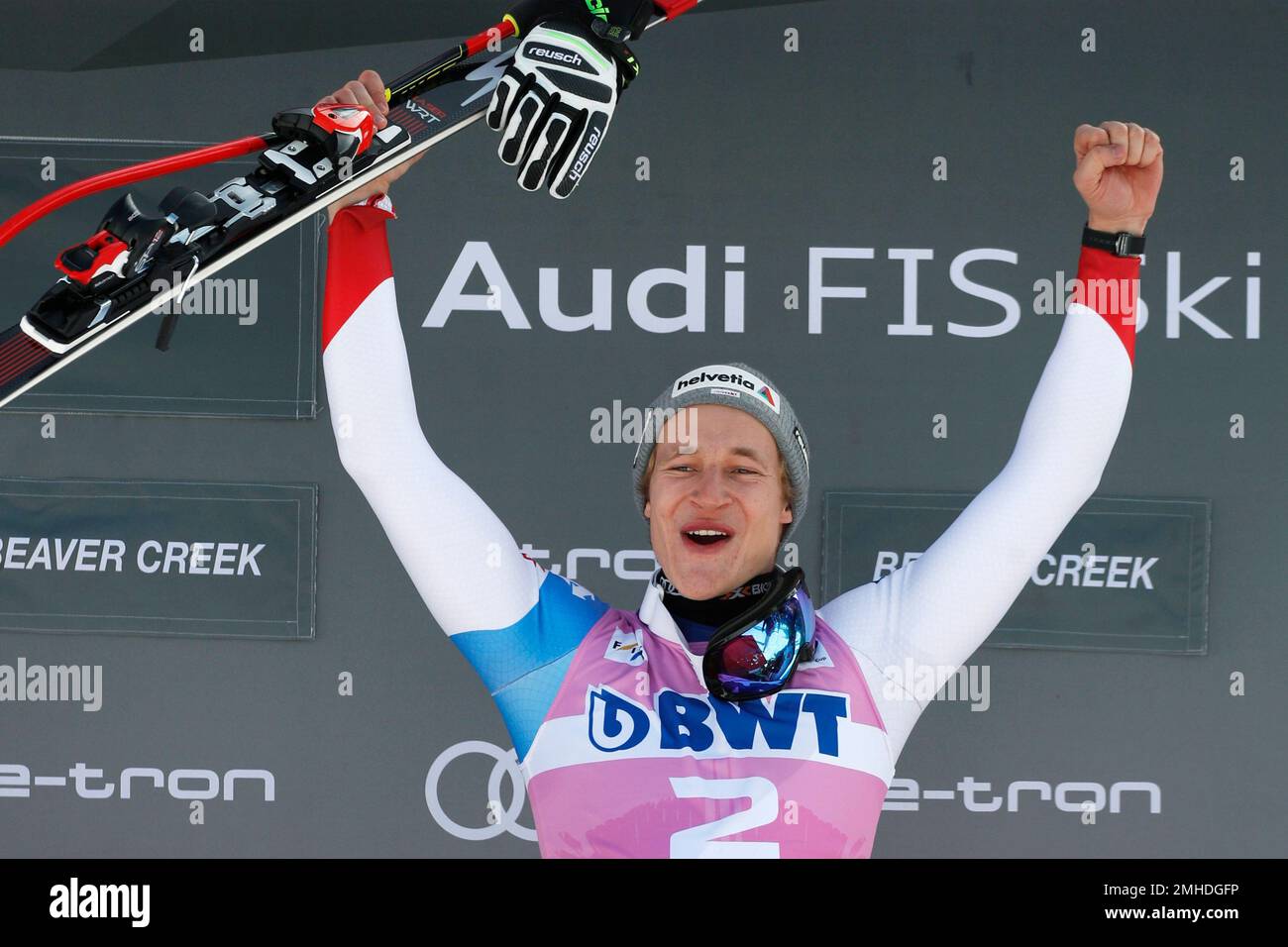 Switzerland's Marco Odermatt celebrates his first-place finish in the ...