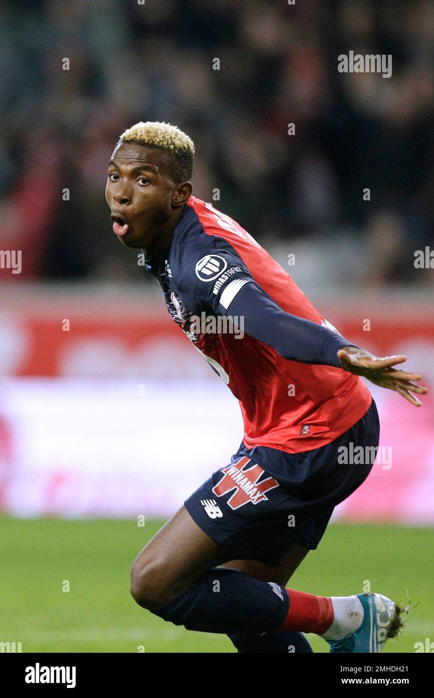 Lille's Victor Osimhen reacts after scoring during his French League ...