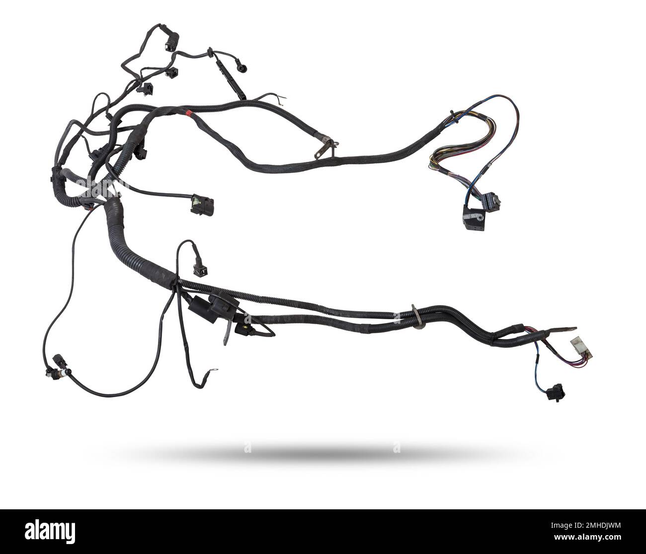 A cable of matted wires of different colors with connectors in the ...