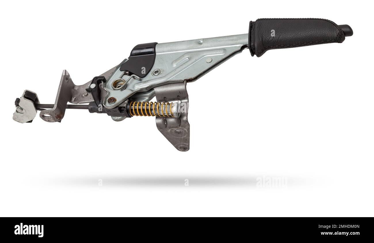 Closeup of a brake lever with a white handle with chrome elements of an ...