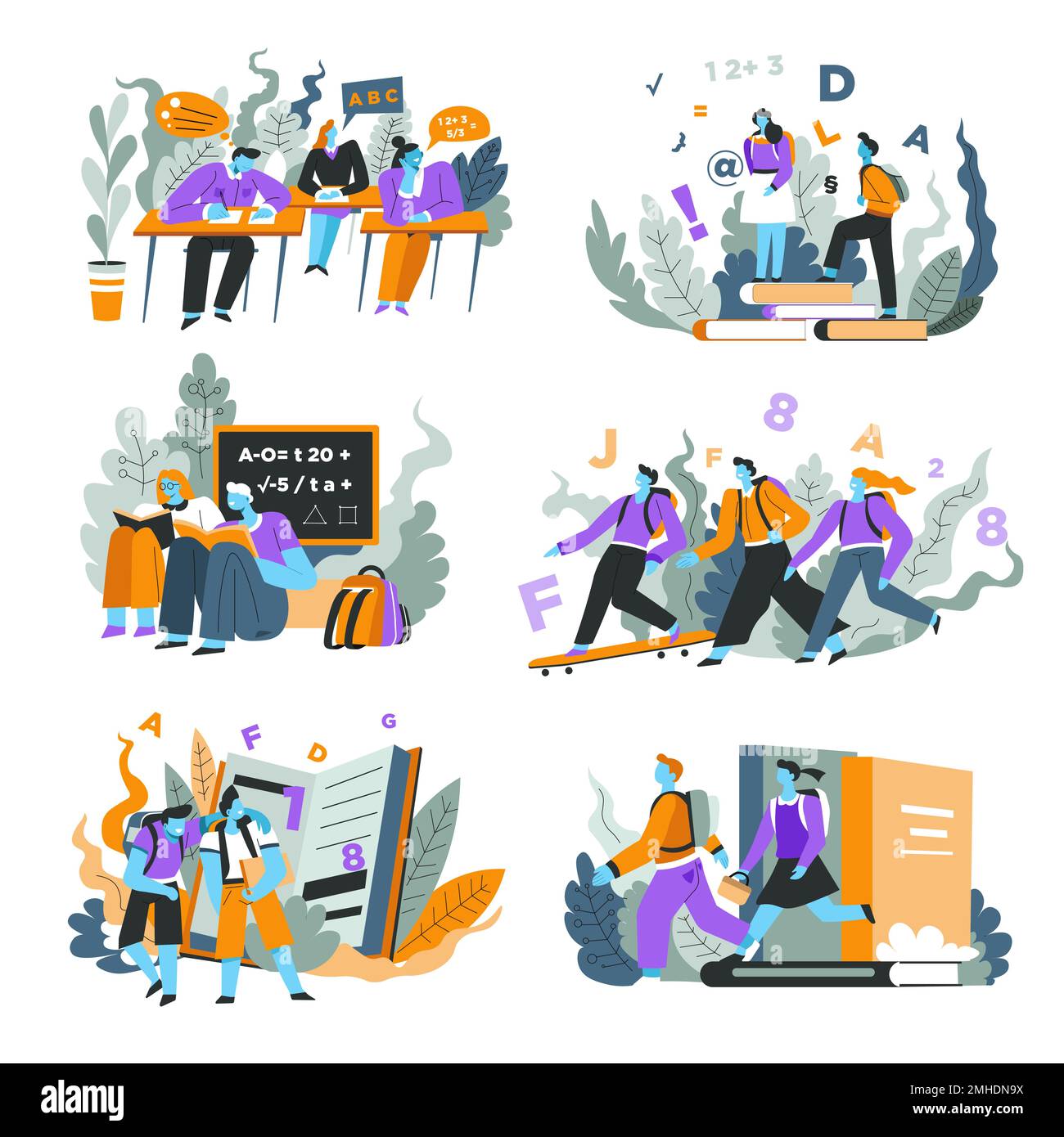 School and education, pupils or students, classroom and books isolated abstract icons Stock ...