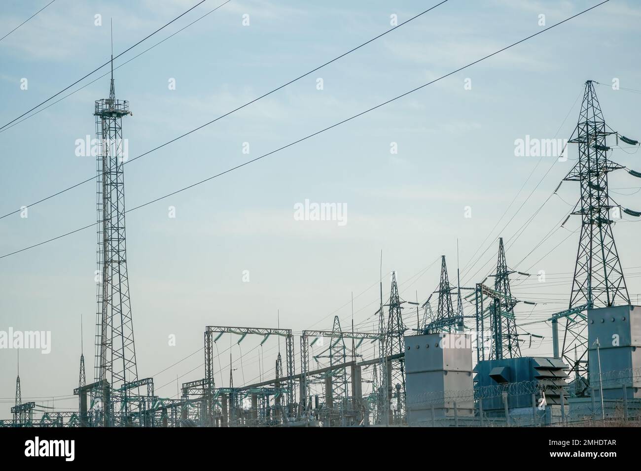 Power line support with wires for electricity transmission. Silhouette ...