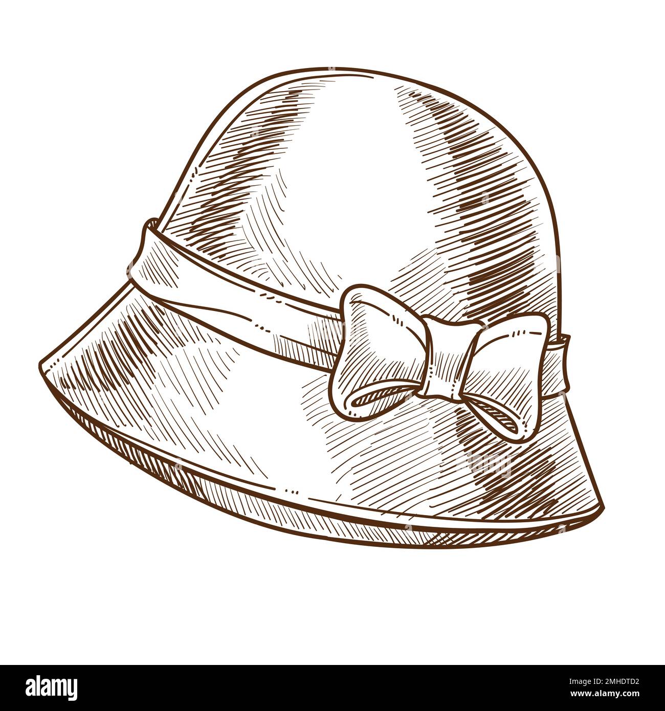 Female vintage hat with bow, retro accessory or garment isolated sketch ...