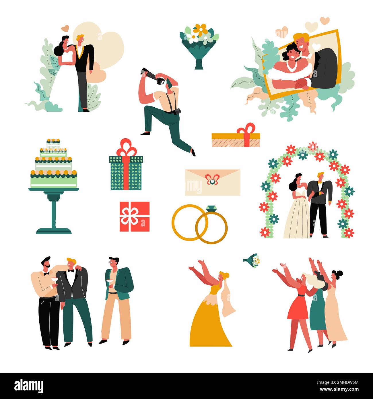 Wedding day or marriage ceremony, bride and groom isolated icons Stock ...