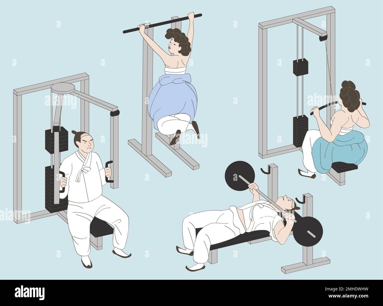 humorous painting illustration of Korean folk exercising with machine ...