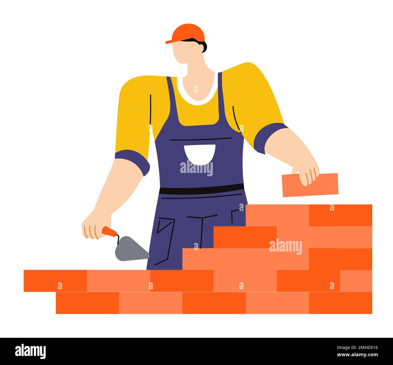 Building or construction works, worker with putty knife and brick wall ...
