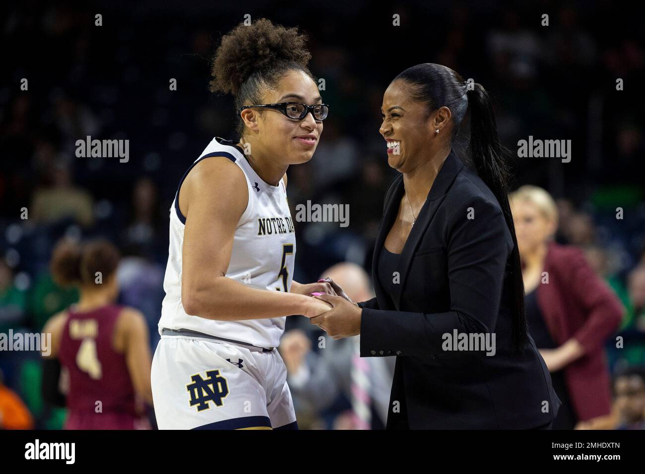 South Bend, Indiana, USA. 26th Jan, 2023. Notre Dame guard Olivia Miles (5) and Notre Dame head ...