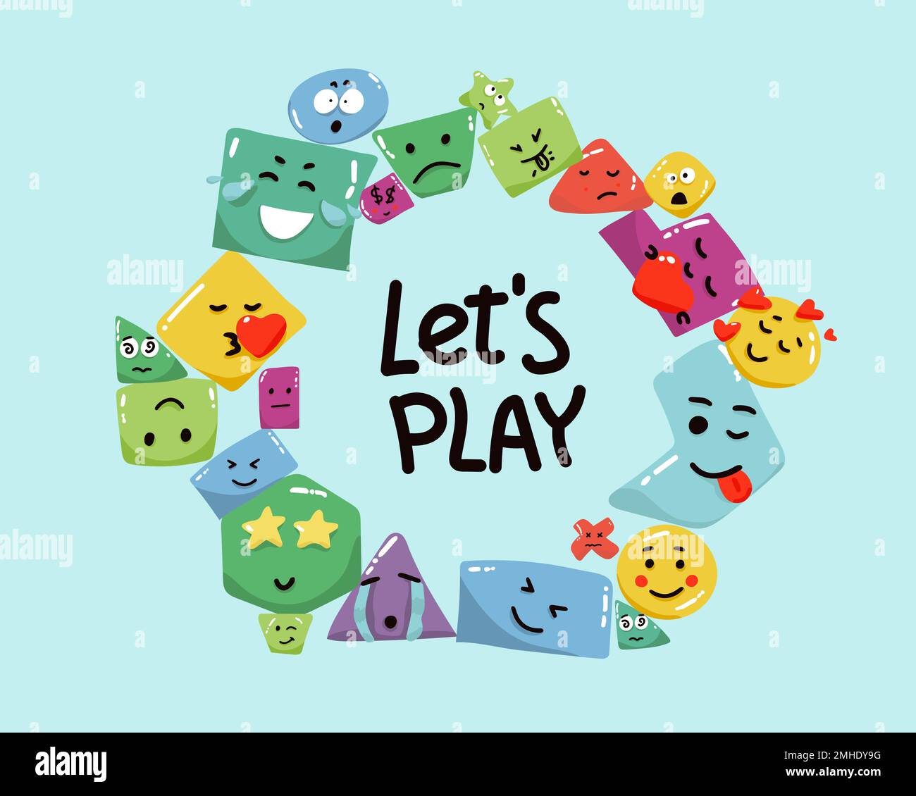 Geometric character shapes with face emotions, different cartoon basic ...