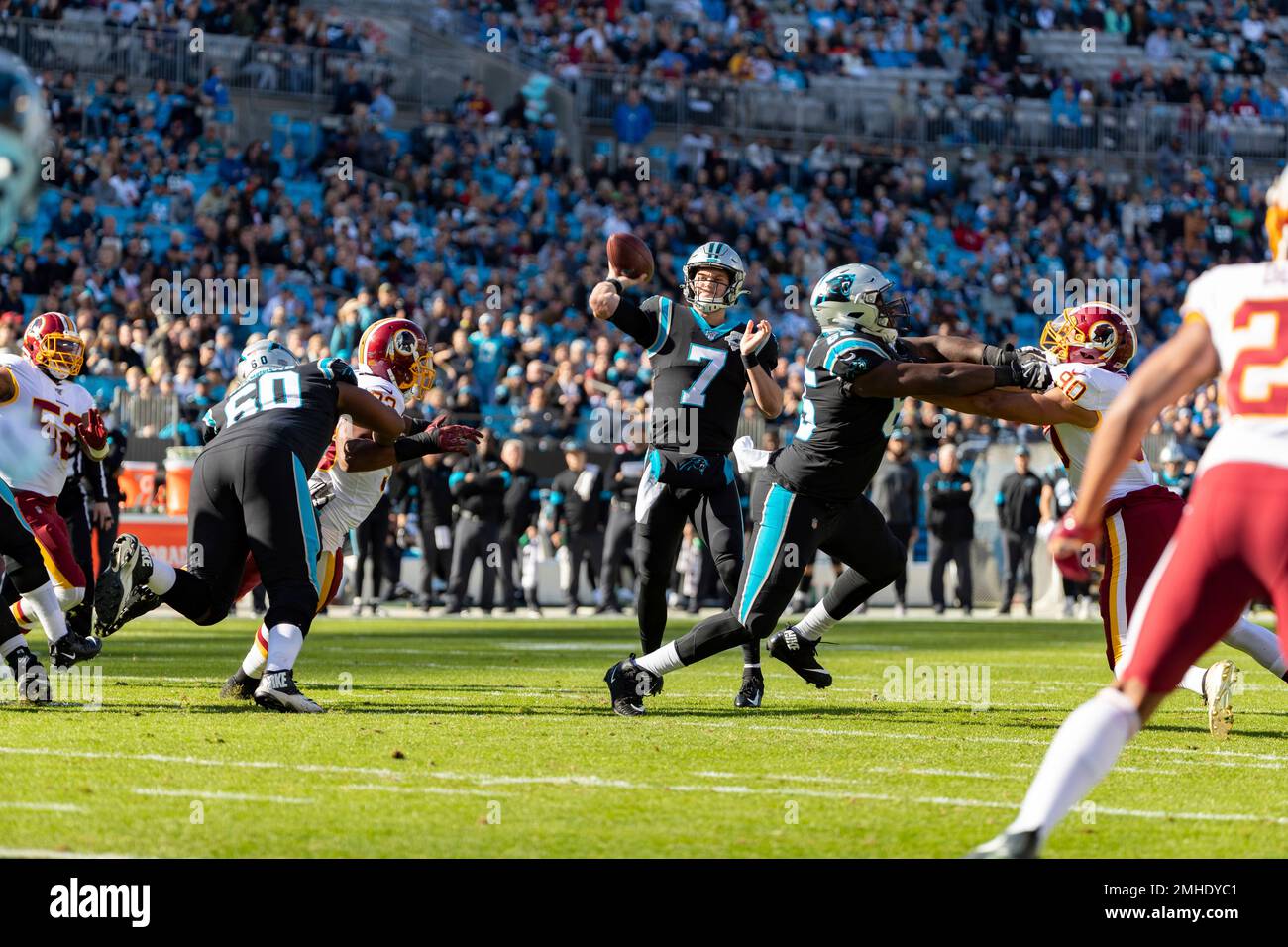 Carolina Panthers quarterback Kyle Allen (7) throwing the ball against ...
