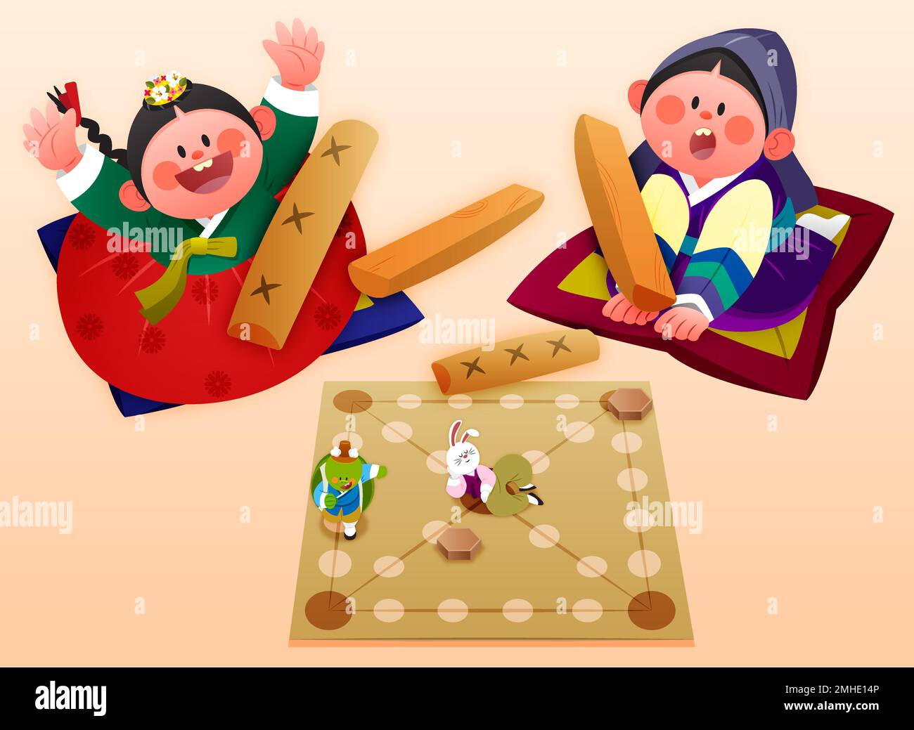 Cute Korean oriental drawing of children playing yut stick traditional ...