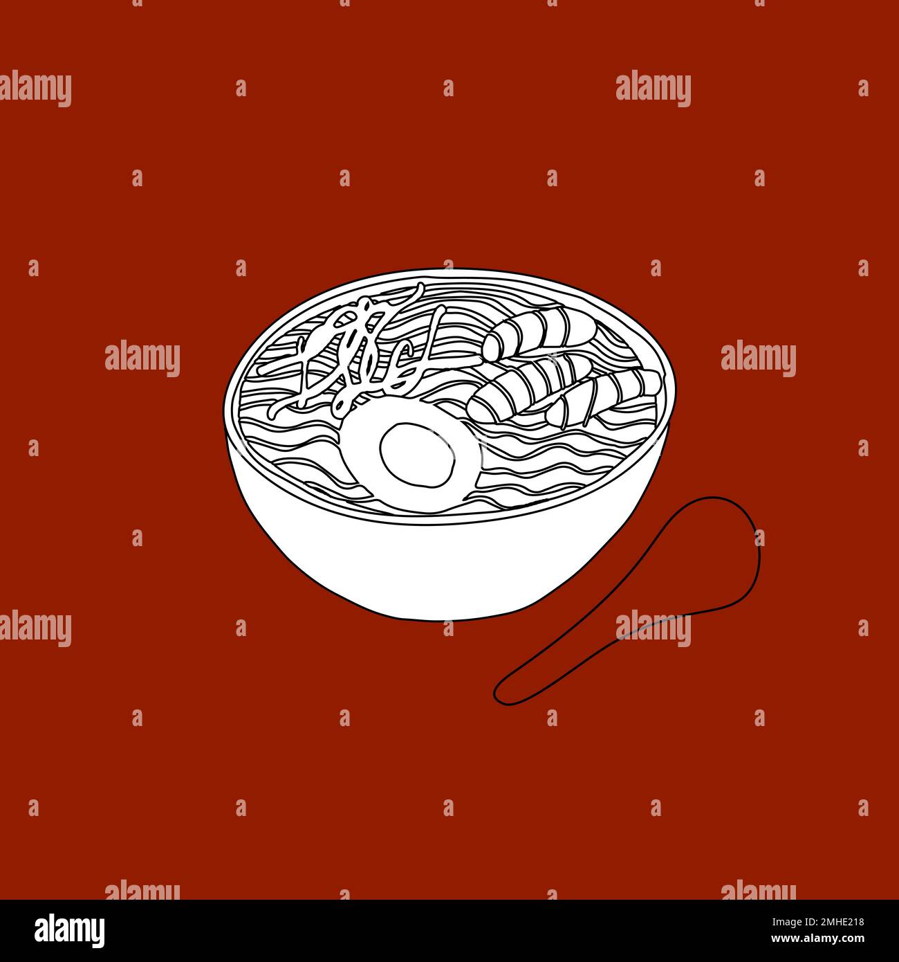 Asian cuisine noodle soup outline illustration on red background Stock ...