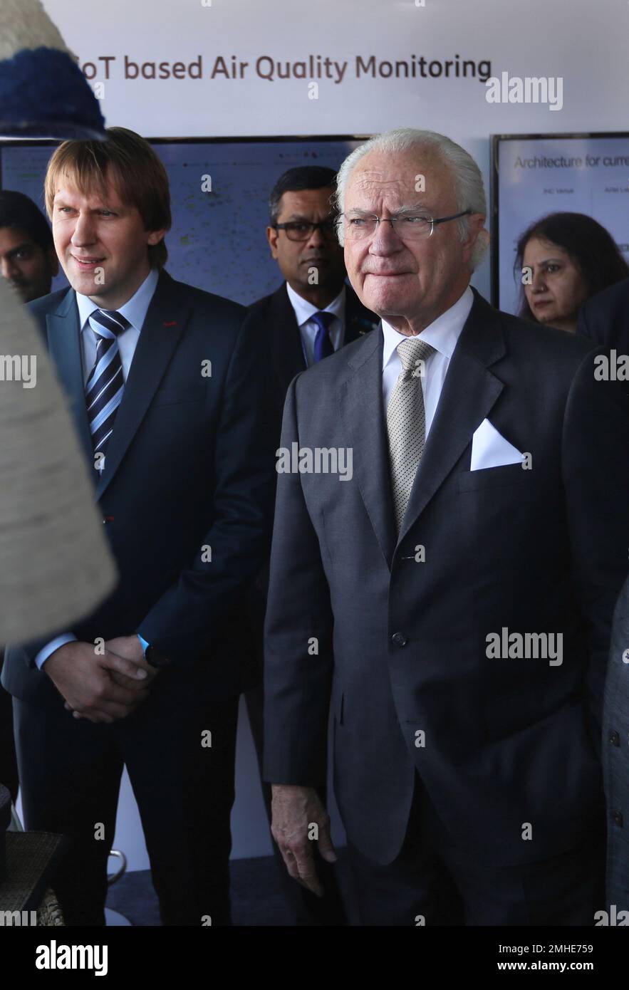 Sweden's King Carl XVI Gustaf, right, listens to an exhibitor during a ...