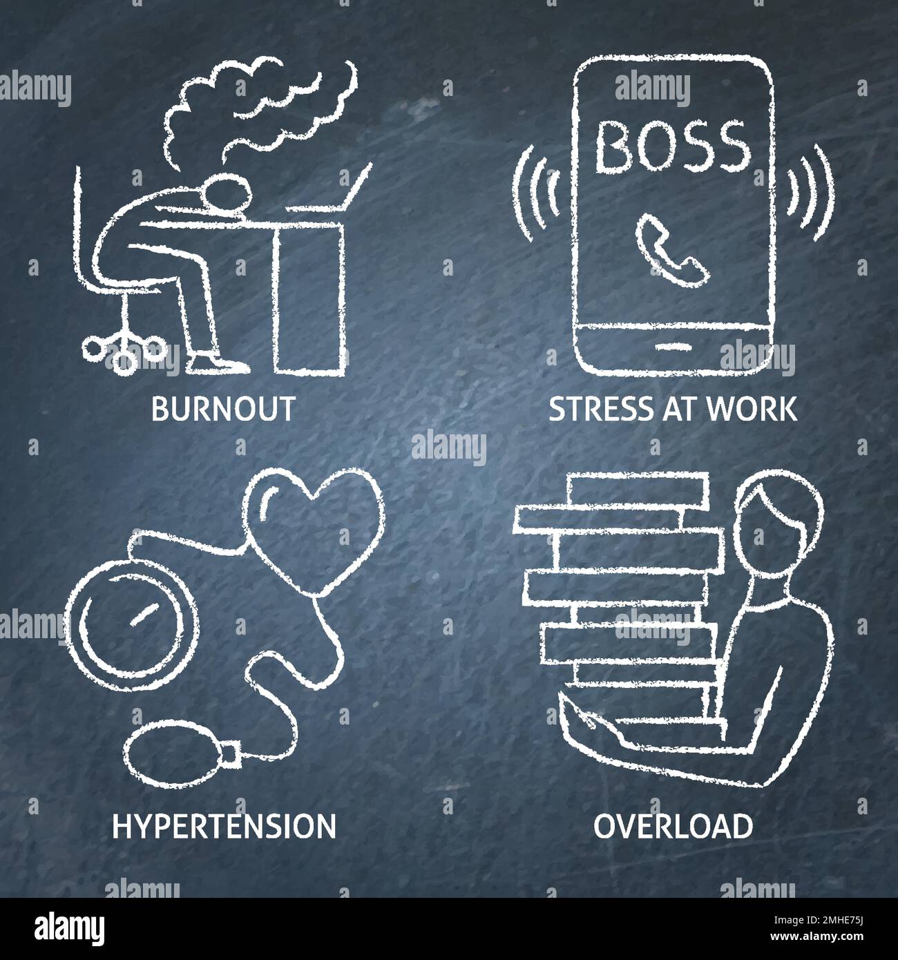 Stress and burnout icon set on chalkboard. Overload at work, feeling ...