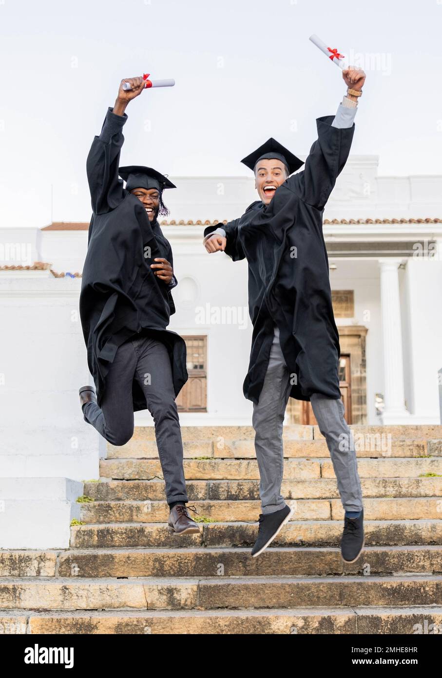 Graduation celebration, friends portrait and certificate of students on ...