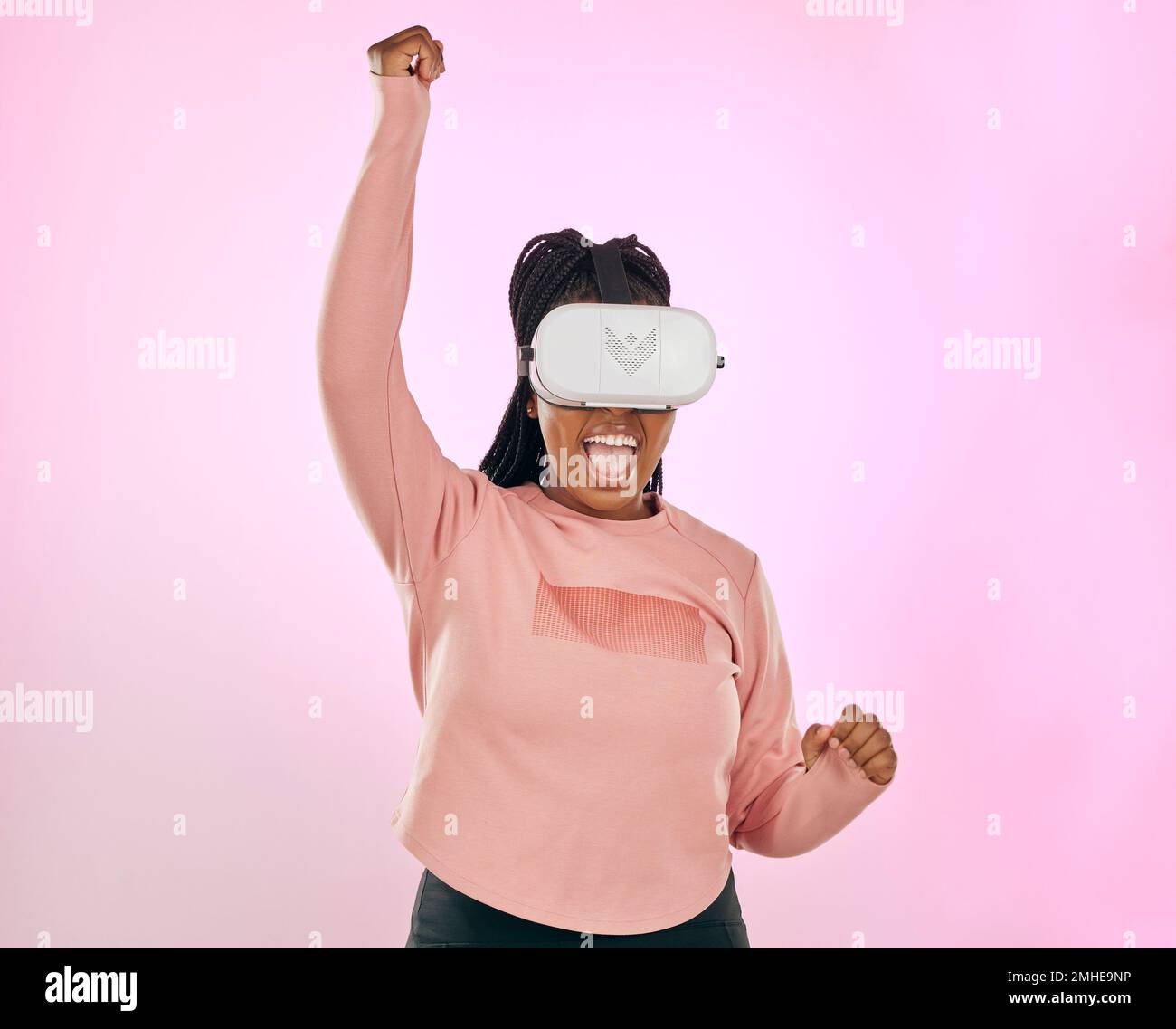 Vr glasses, futuristic software and black woman winner celebration of ...