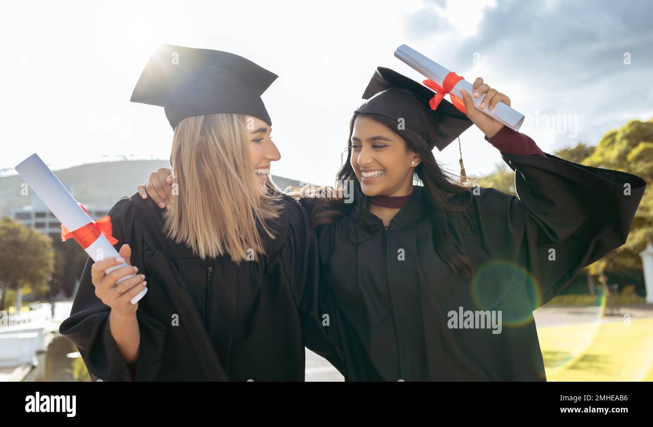 Student, friends and graduation certificate hug of graduate students ...