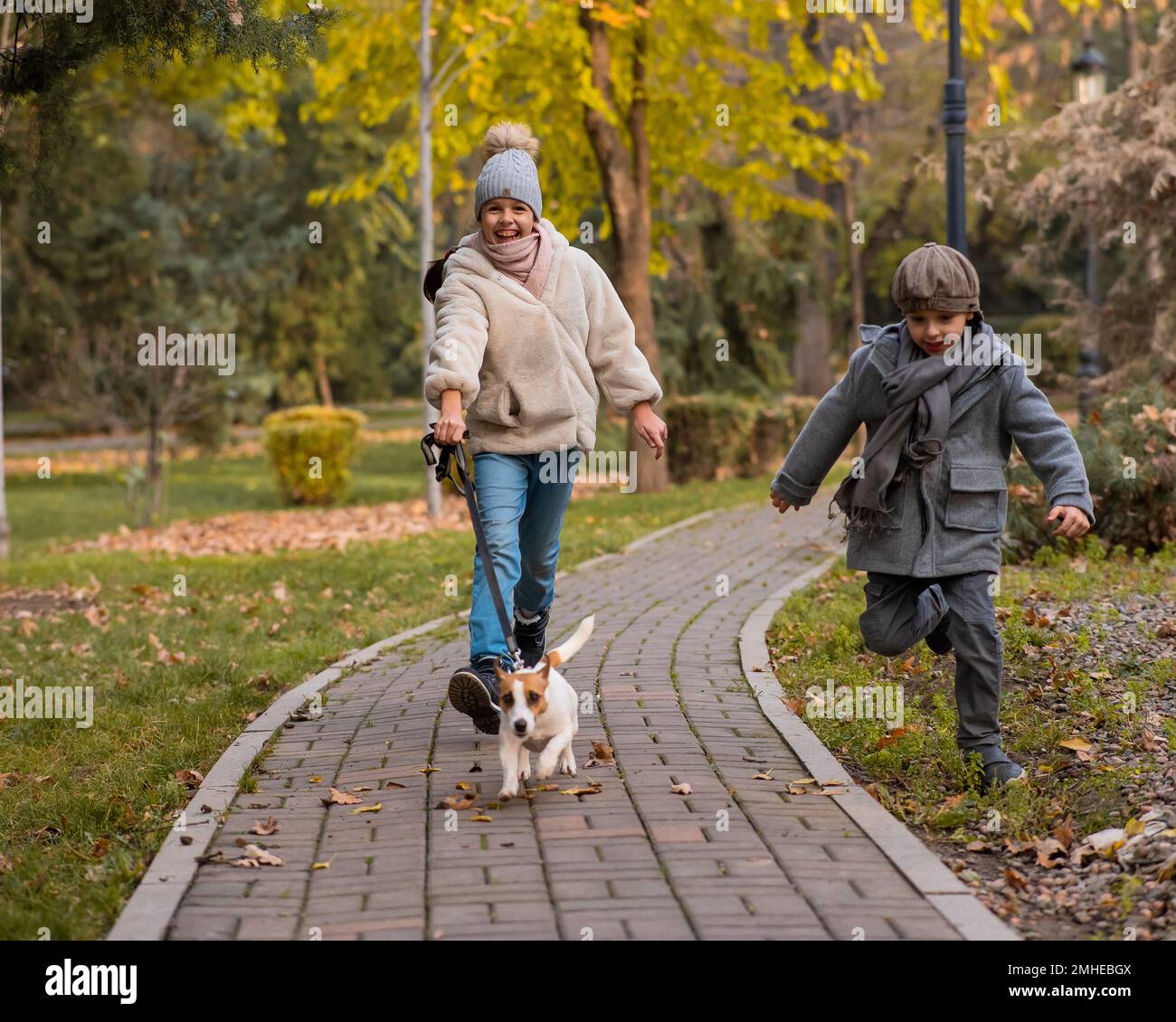 Brother and sister walk the dog in the park in autumn. Boy and girl ...